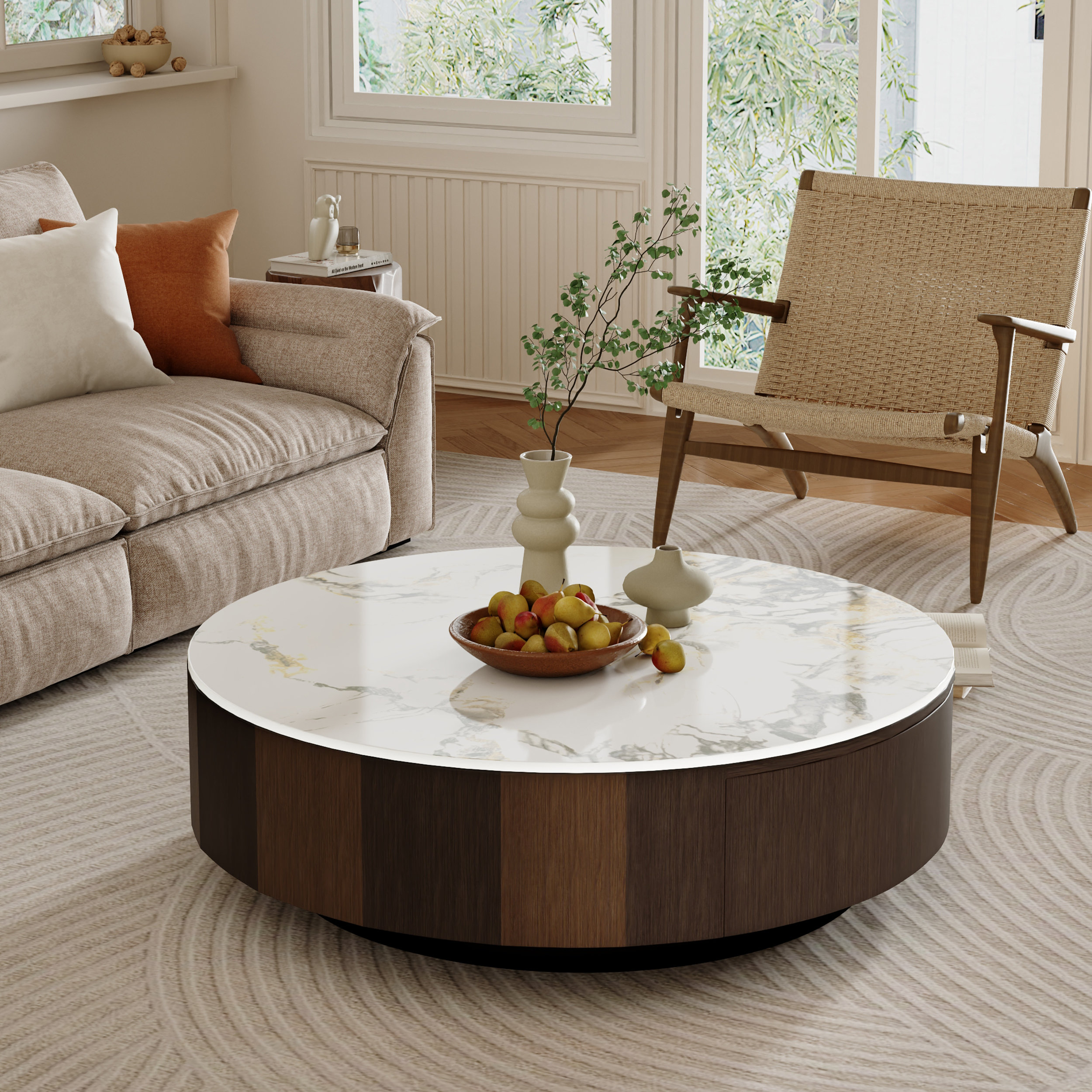 Hocuspicus 35.5" Modern Round Coffee Table, Glossy White Sintered Stone Table top, Brown Solid ...